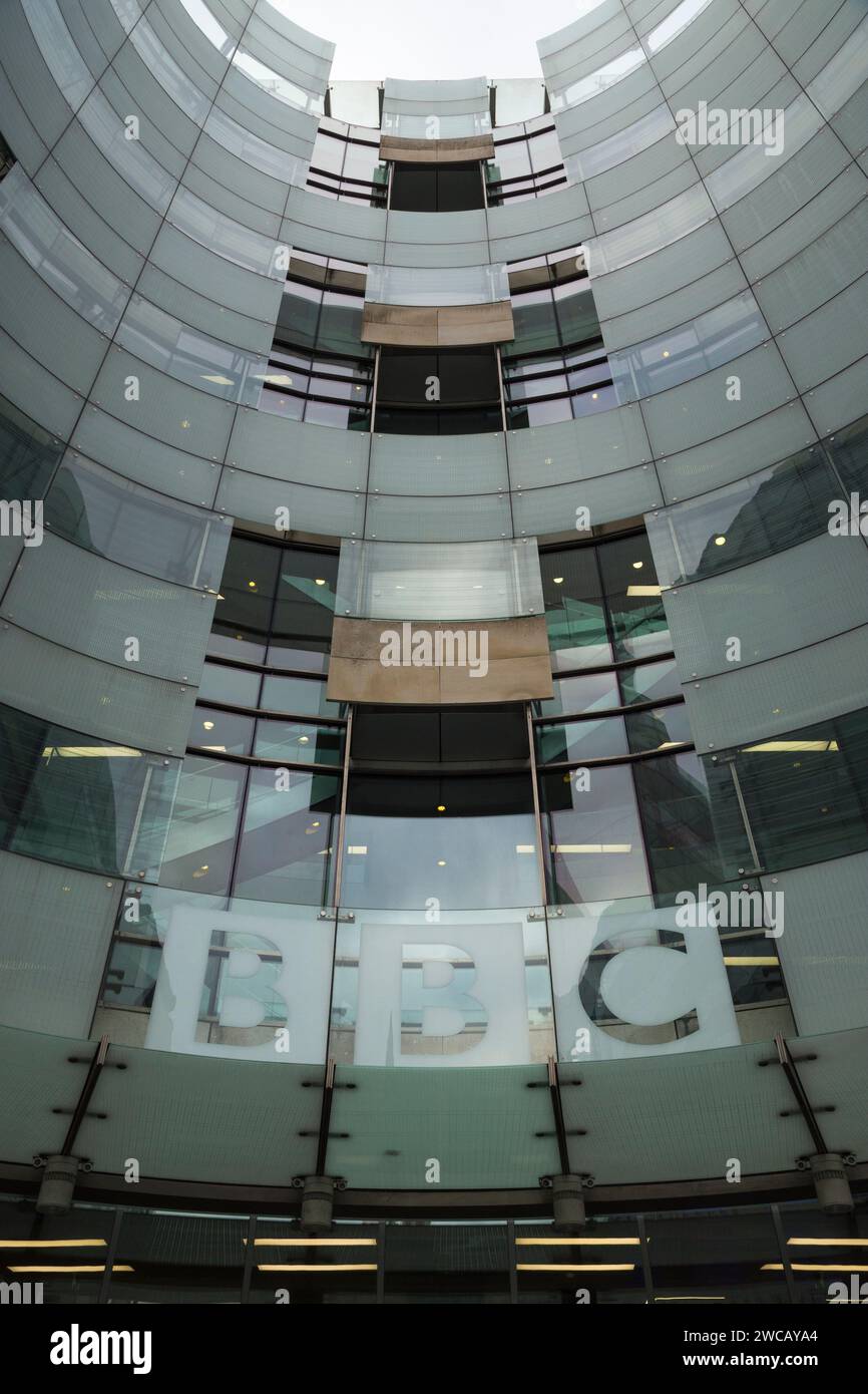 BBC logo letters above entrance door / doors of broadcast centre ...