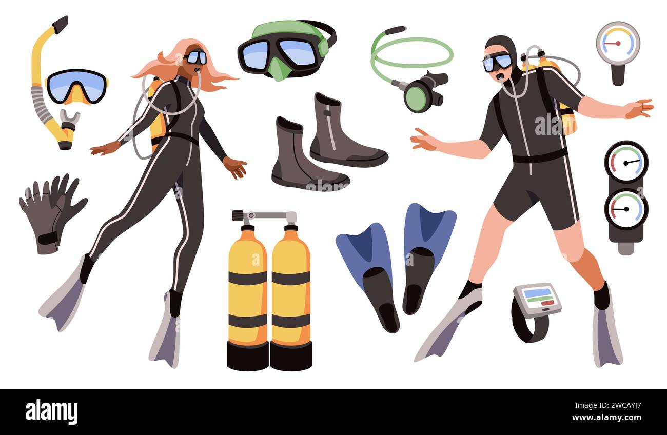 Cartoon diving equipment. Male and female divers in suits and scuba ...