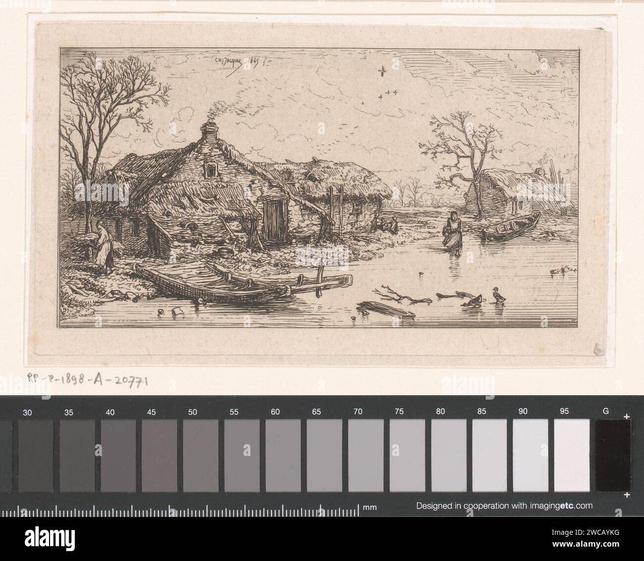 Winter landscape with a farm on a frozen river, Charles Emile Jacque ...