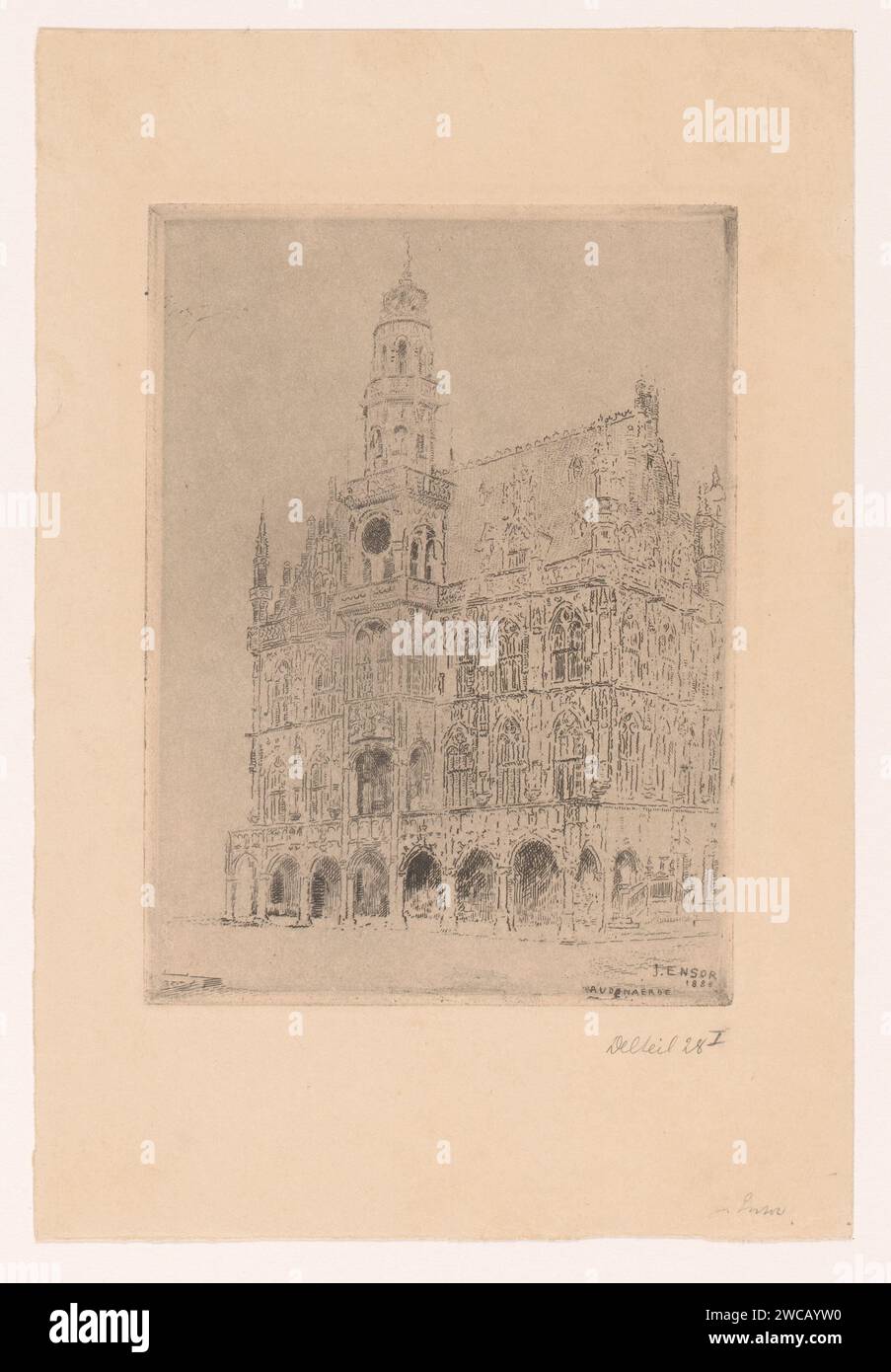 City Hall of Oudenaarde, James Ensor, 1888 print paper etching townhall ...
