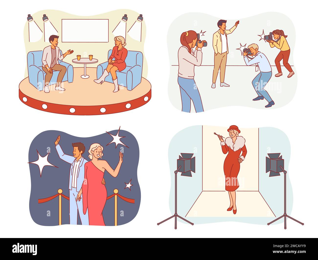 Cartoon celebrities. Popular people, worldwide fan love, getting on red ...