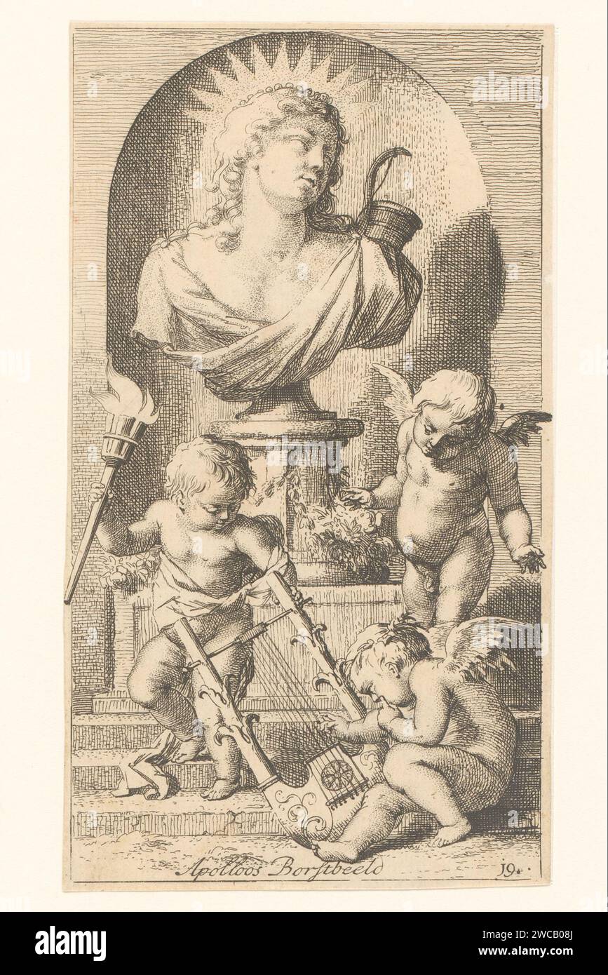 Three putti in a bust of Apollo, Arnold Houbraken, 1710 - 1719 print ...
