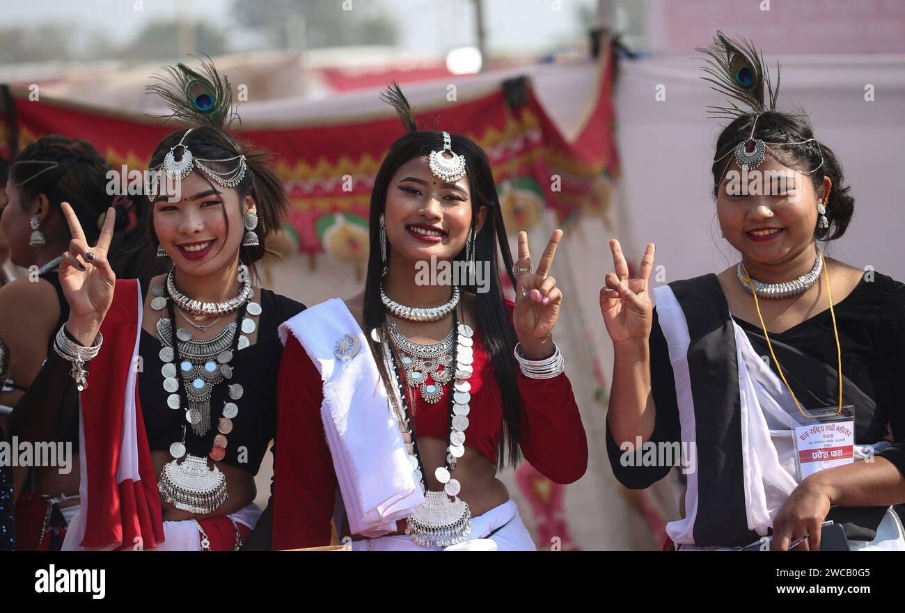 Kathmandu, Bagmati, Nepal. 15th Jan, 2024. Women from Tharu community poses while participating ...