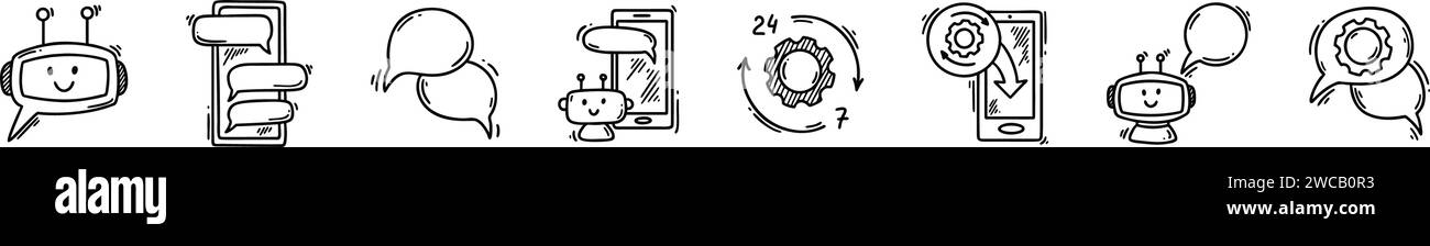 Chat bot hand drawn doodle icons. Set of chatbot robot outline ...
