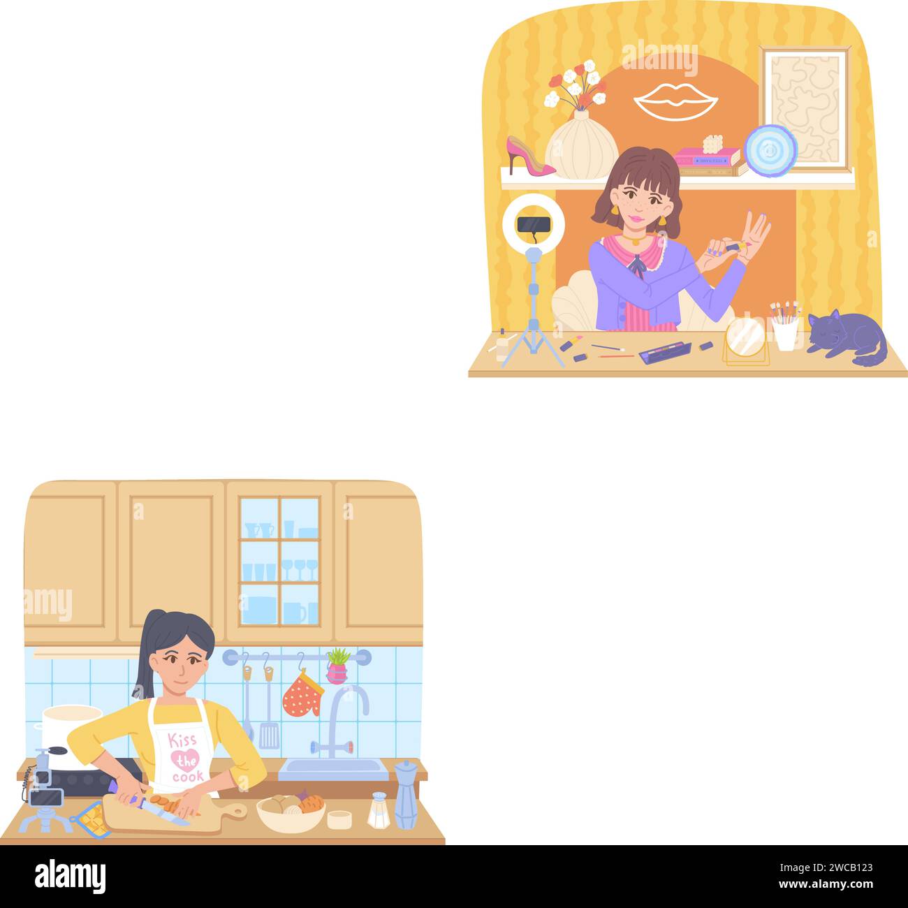 Food blogger concept. Young girl cooking on camera in home kitchen ...