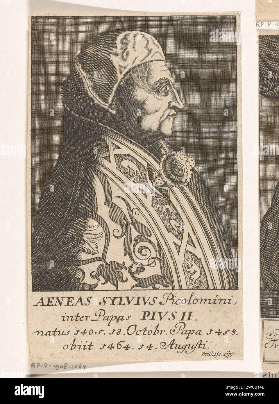 PortraT van Paus Pius II, Johann Benjamin Brühl, 1729 print Leipzig ...