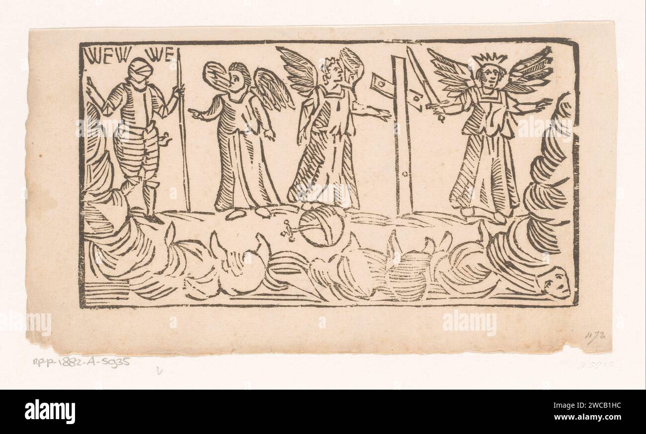 Allegorical show with a knight, three angels and a cross, anonymous ...