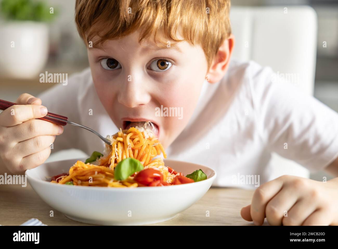 Cute little boy eating spaghetti bolognese for lunch in the kitchen at ...