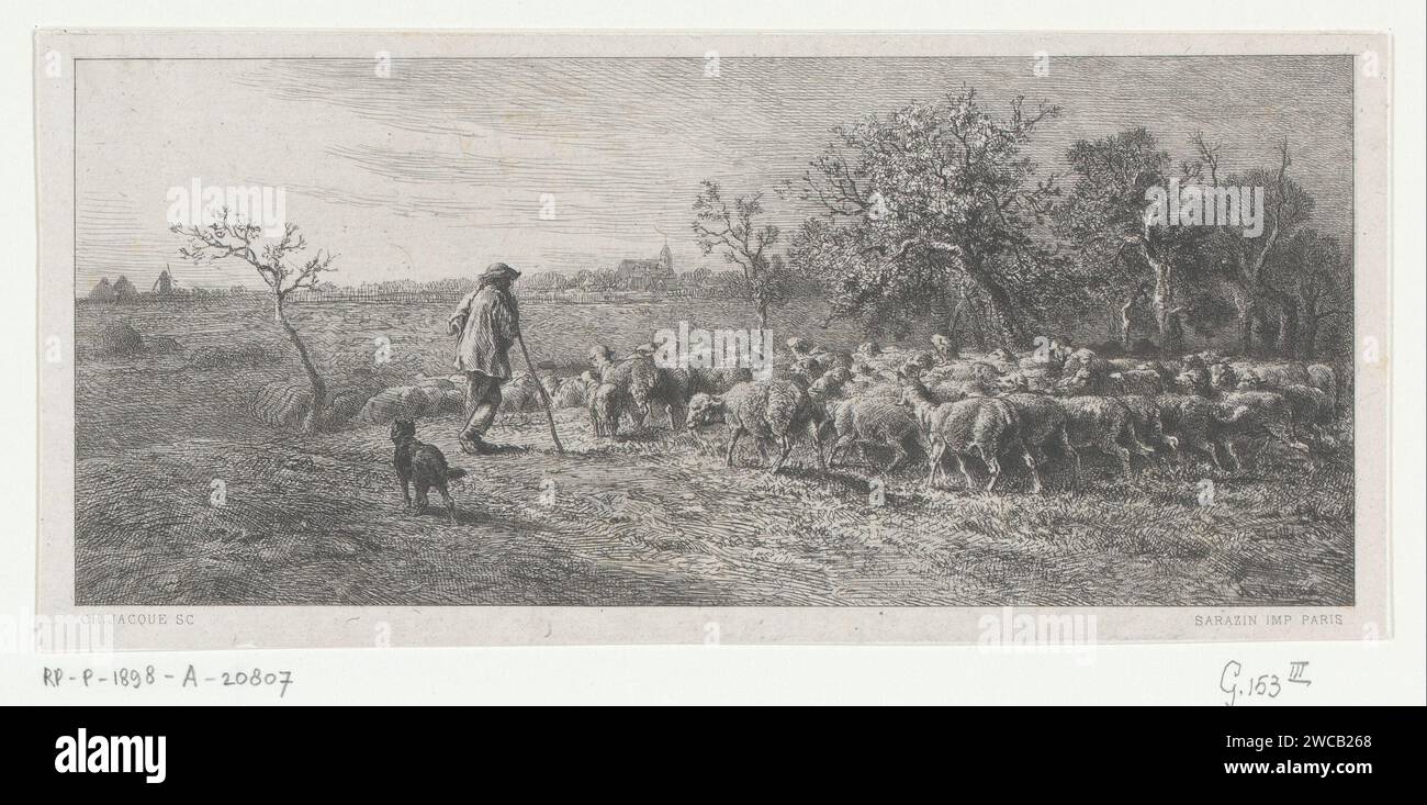 Sheep shepherd with herd in a meadow, Charles Emile Jacque, 1864 print ...