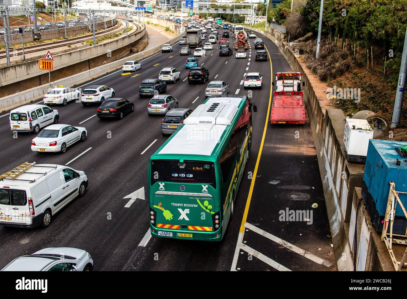 Tel Aviv, Israel – January 14, 2024 Heavy car traffic on the highway ...