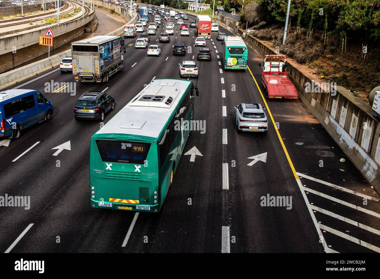 Tel Aviv, Israel – January 14, 2024 Heavy car traffic on the highway ...