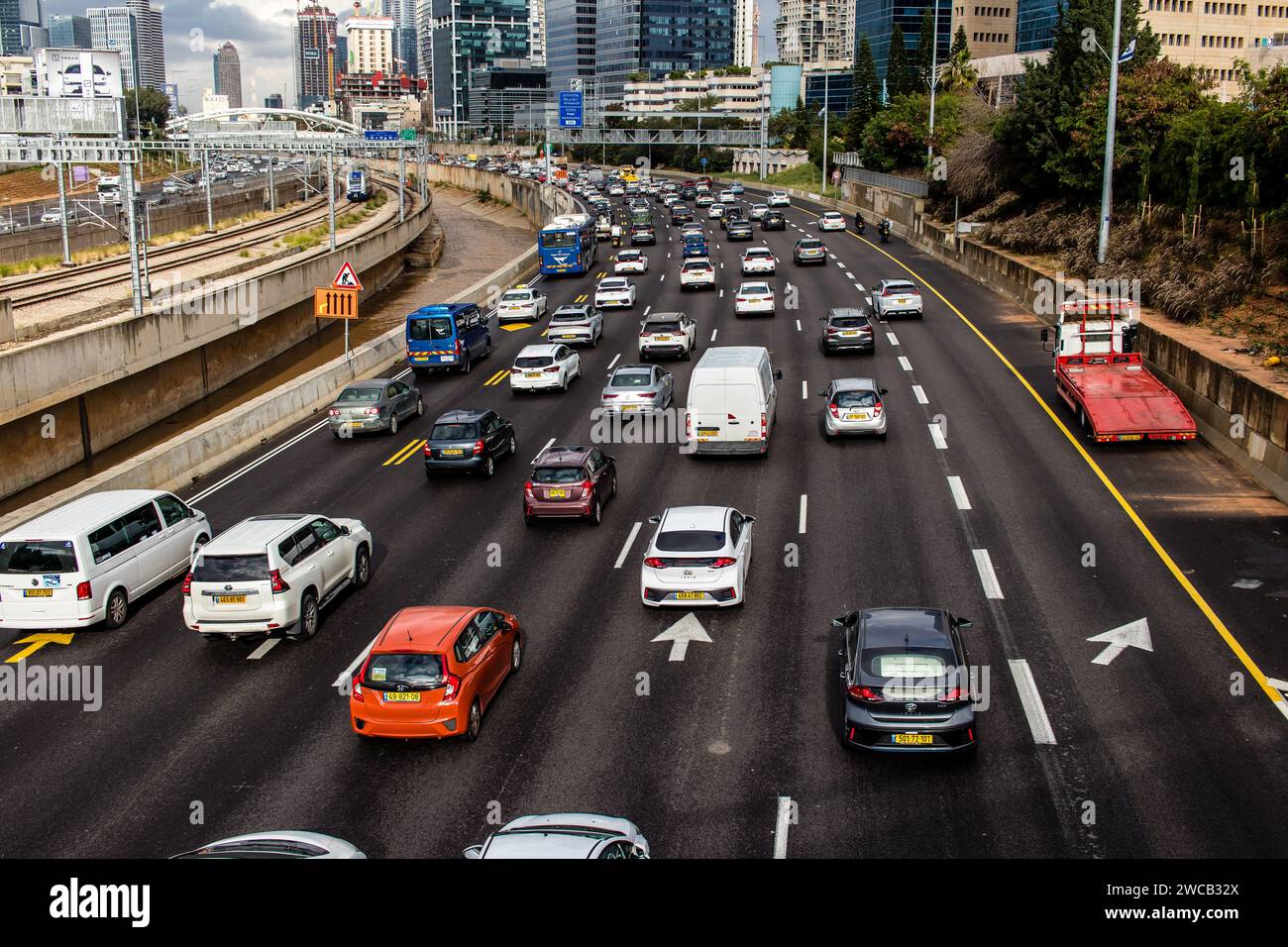 Tel Aviv, Israel – January 14, 2024 Heavy car traffic on the highway ...