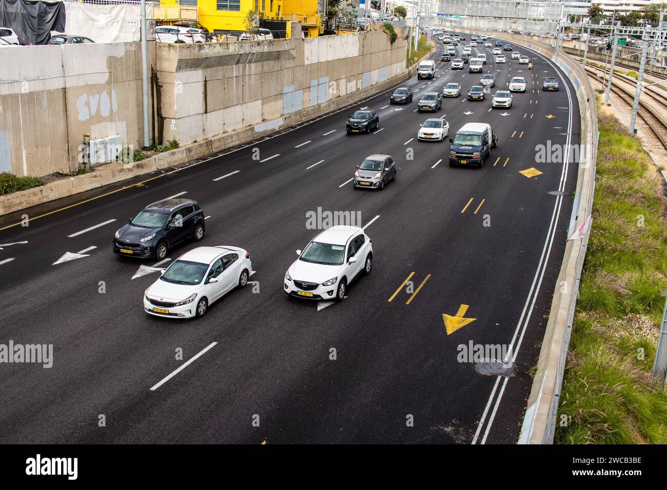 Tel Aviv, Israel – January 14, 2024 Heavy car traffic on the highway ...