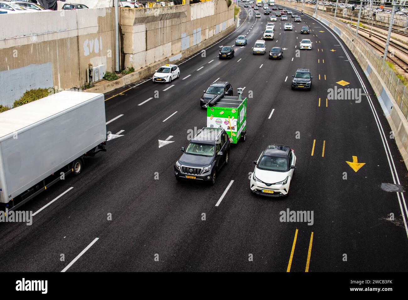 Tel Aviv, Israel – January 14, 2024 Heavy car traffic on the highway ...