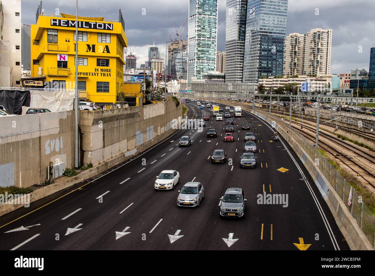 Tel Aviv, Israel – January 14, 2024 Heavy car traffic on the highway ...