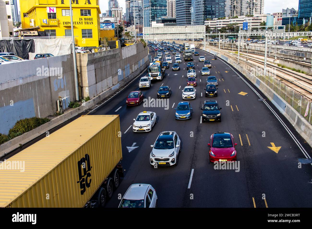 Tel Aviv, Israel – January 14, 2024 Heavy car traffic on the highway ...