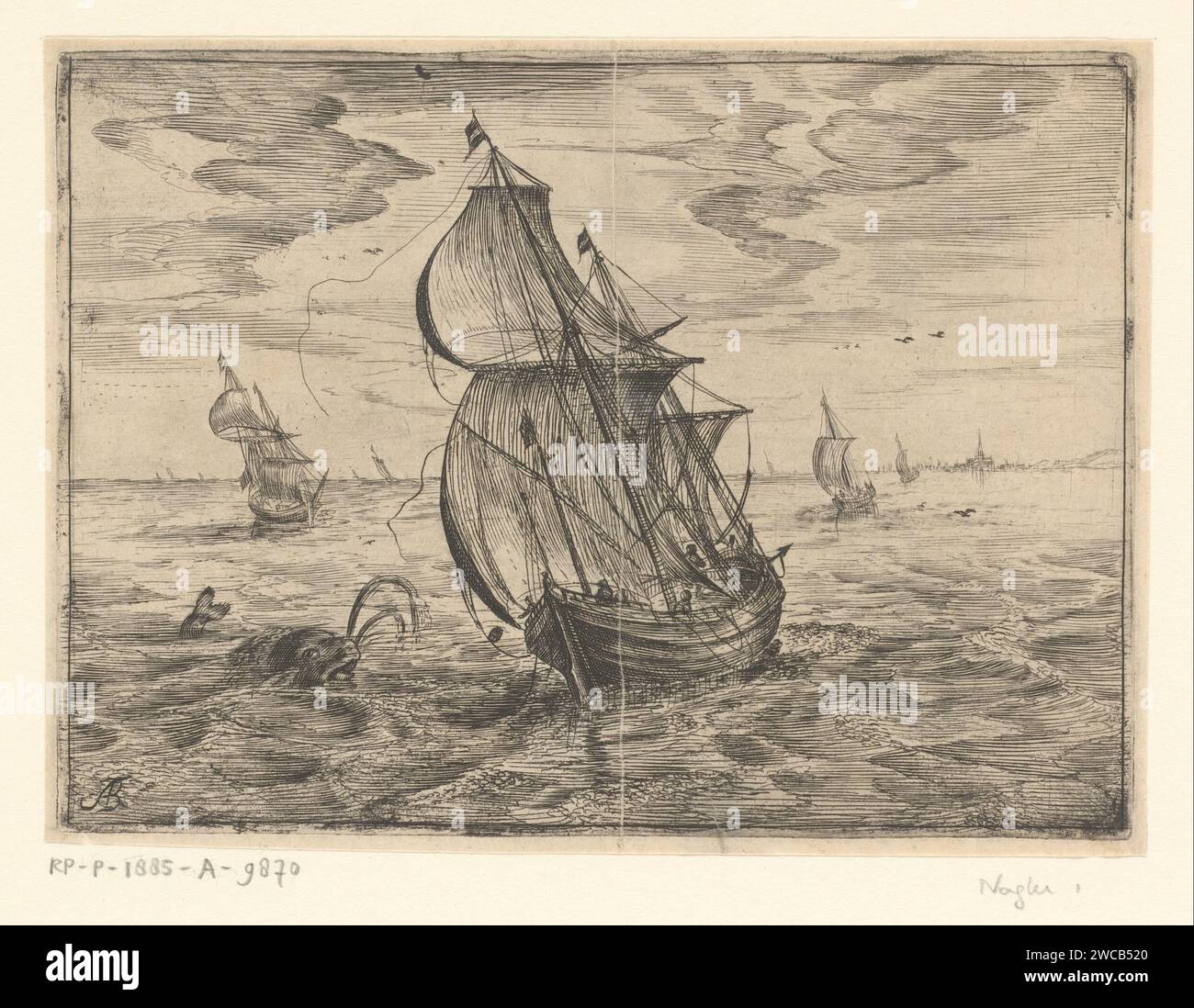 Seascape with sailing ships and a whale, monogramem AB (17th century ...