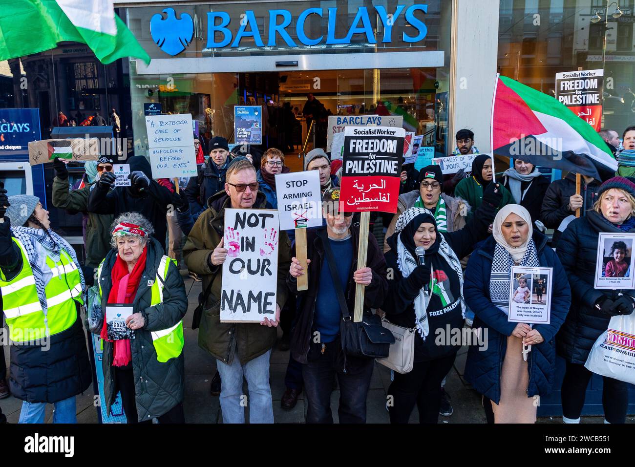 Huddersfield, UK, 15 Jan 2024, Day of action on Barclays; stop ...
