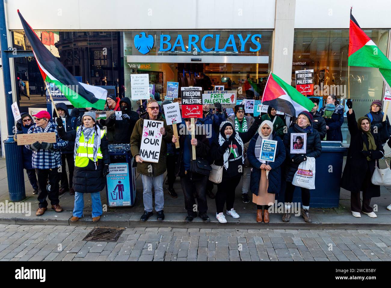 Huddersfield, UK, 15 Jan 2024, Day of action on Barclays; stop ...