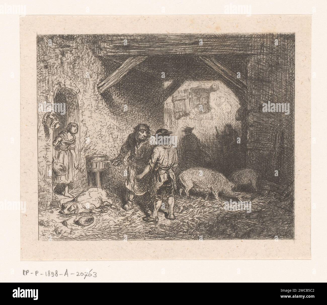 Two butchers in a pigsty, Charles Emile Jacque, 1844 print paper ...