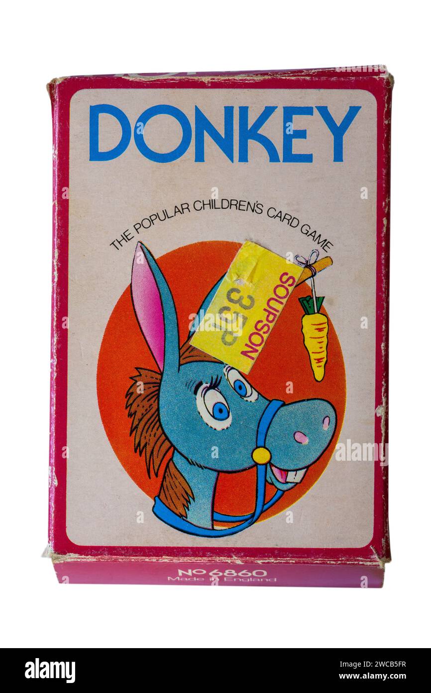 old retro well used box of Donkey playing cards isolated on white ...