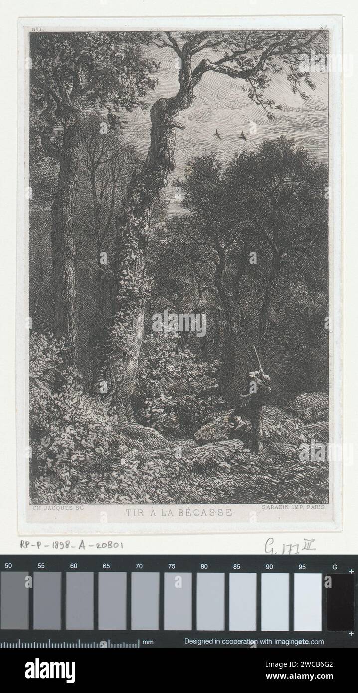 Jager in a forest, Charles Emile Jacque, 1864 print Numbered in the top ...