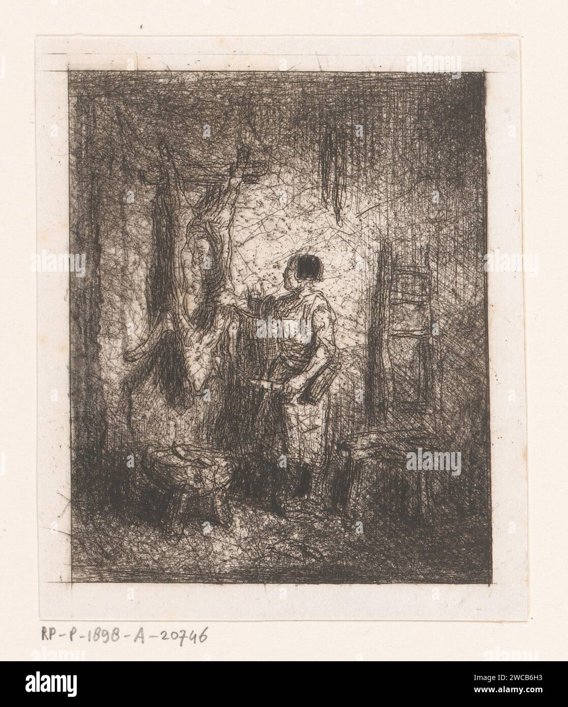 Pig slaughter, Charles Emile Jacque, 1844 print paper etching butcher ...