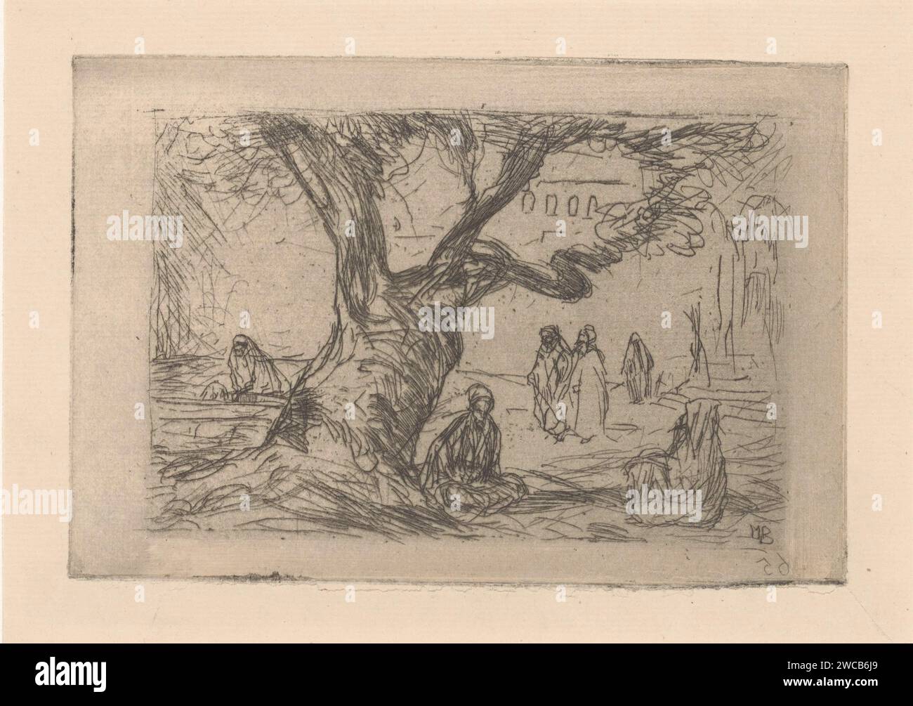 Figures under a tree, Marius Bauer, 1889 print Three figures sitting ...