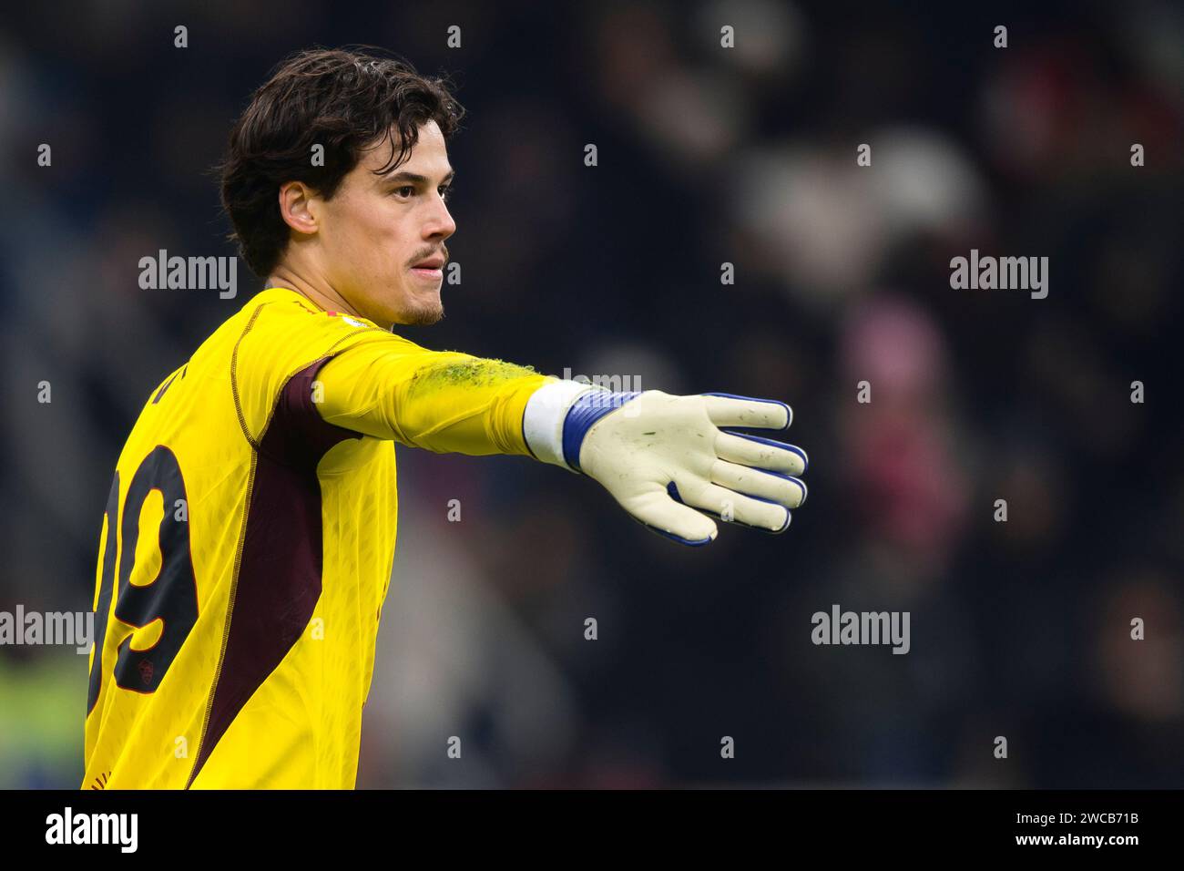 Milan, Italy. 14 January 2024. Mile Svilar of AS Roma gestures during ...