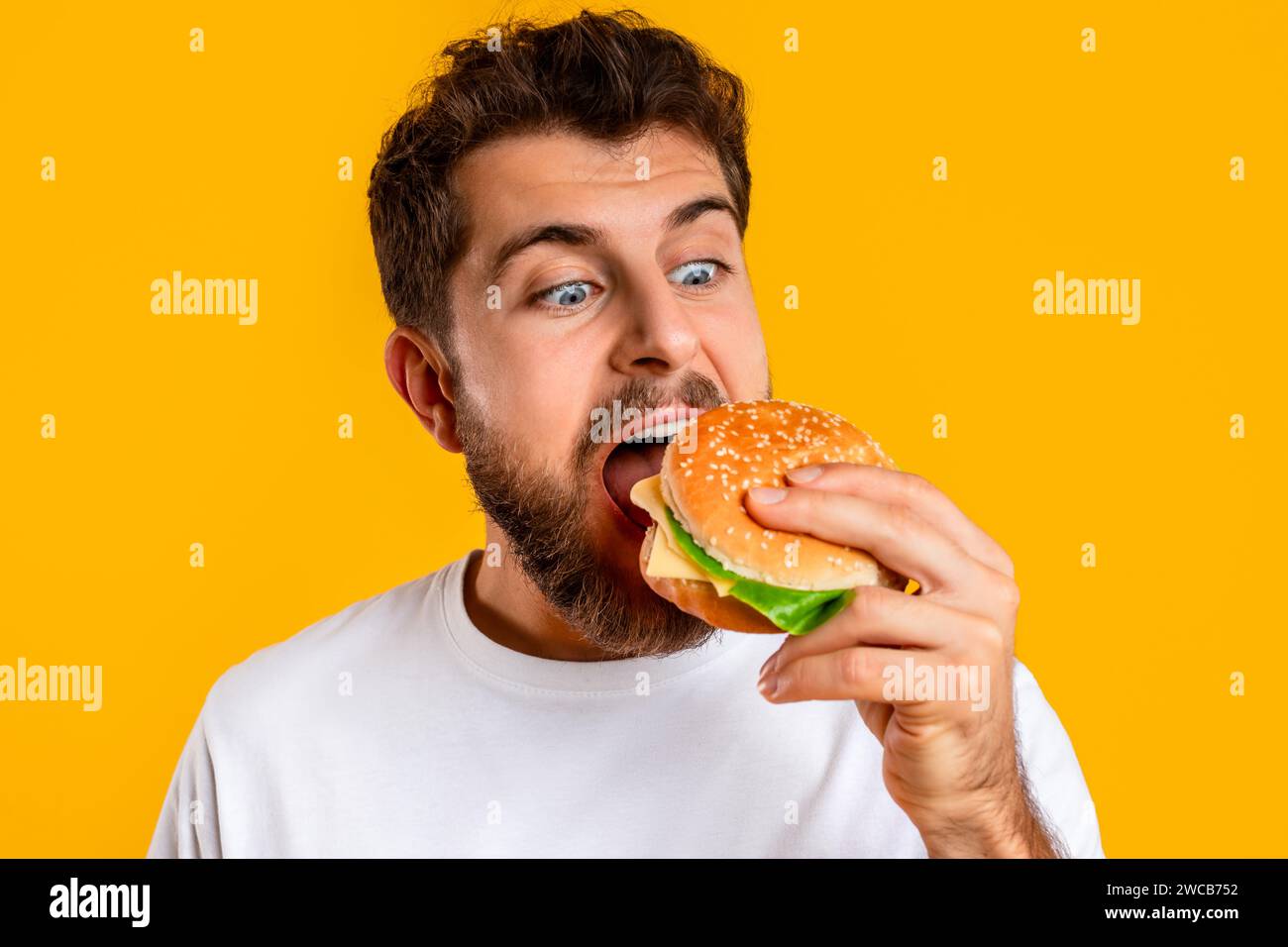 Closeup Portrait Of Hungry Guy Eating Burger On Yellow Background Stock ...