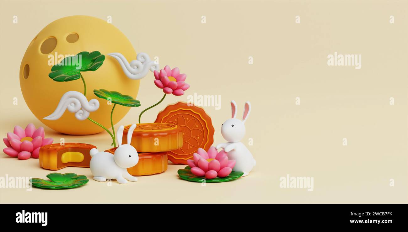 3d cute rabbits and baked mooncake with lotus, full moon on yellow ...