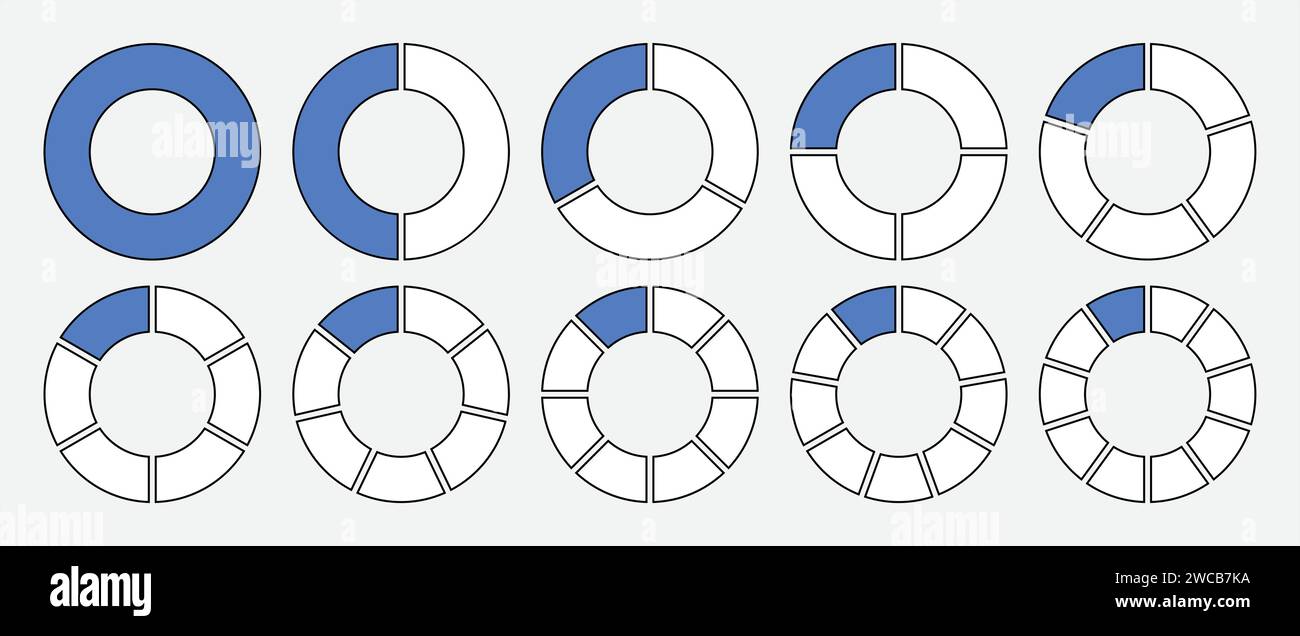 Hollow circle divided into 1-10 parts icon set in blue and white color ...