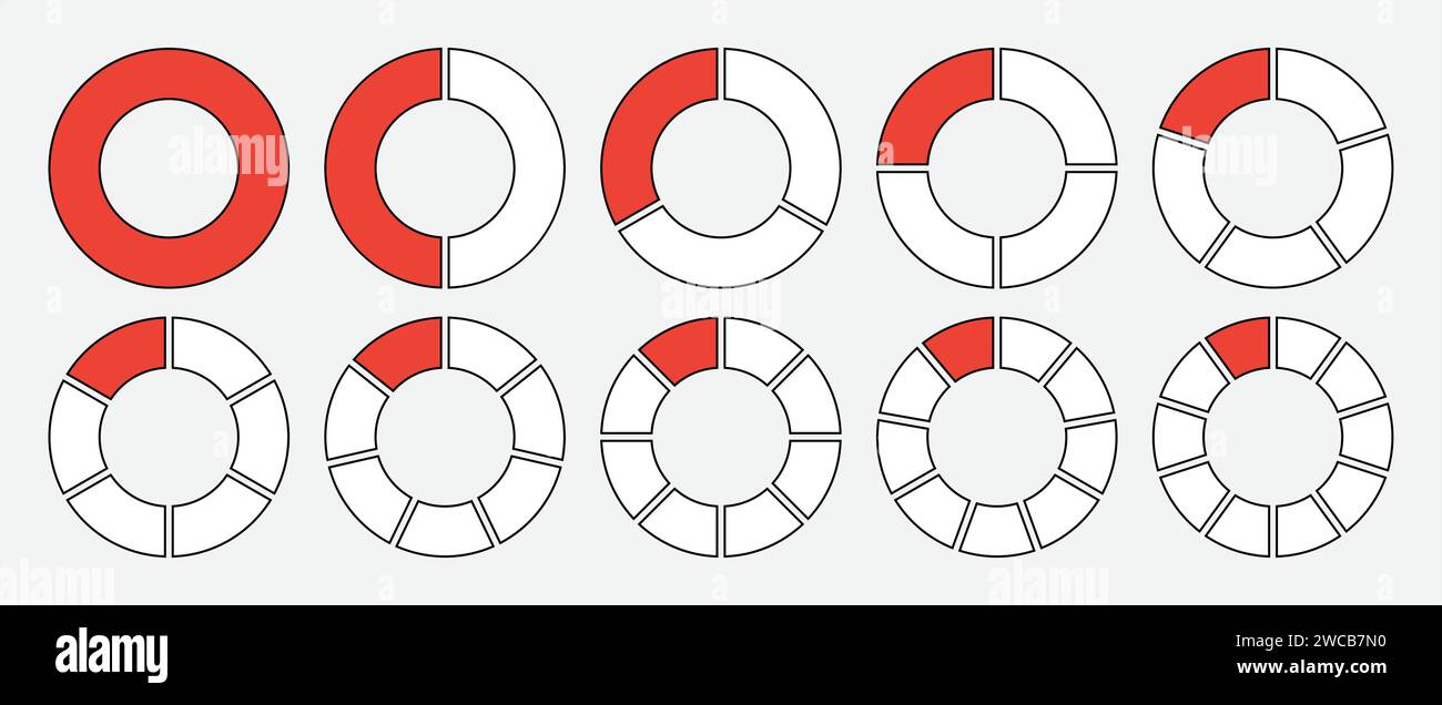 Hollow circle divided into 1-10 parts icon set in red and white color with outline. Hollow ...