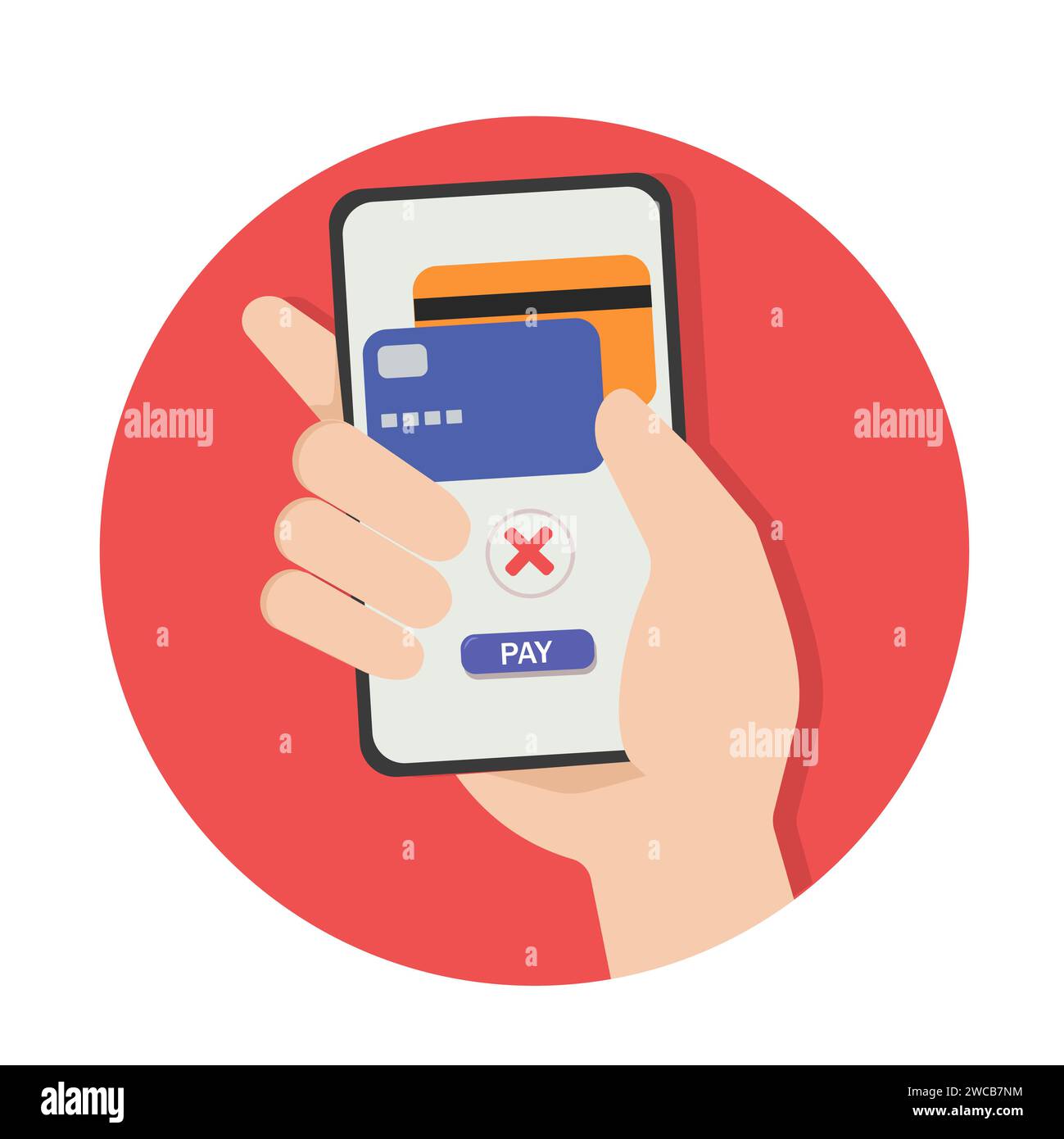 Contactless cashless payment with credit card on mobile phone. paying problem fail or reject on ...