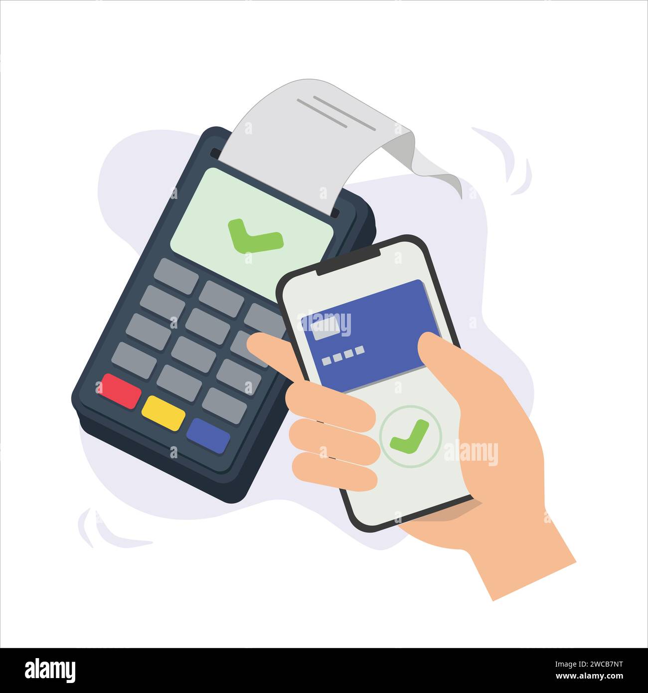 Contactless cashless payment with virtual credit card on mobile phone. Hand paying approve ...