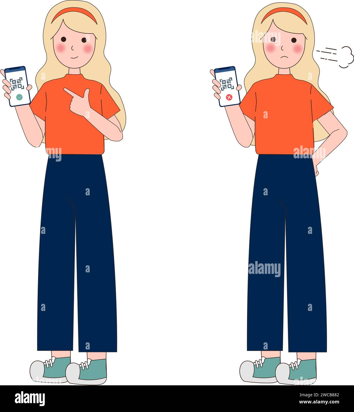 Woman with QR code concept Set. Woman with smartphone reads bar code ...