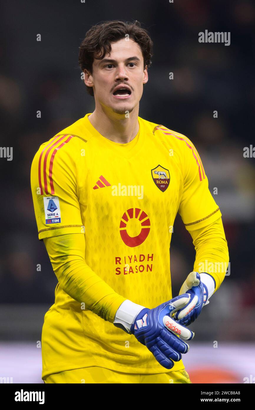 Milan, Italy. 14 January 2024. Mile Svilar of AS Roma reacts during the ...