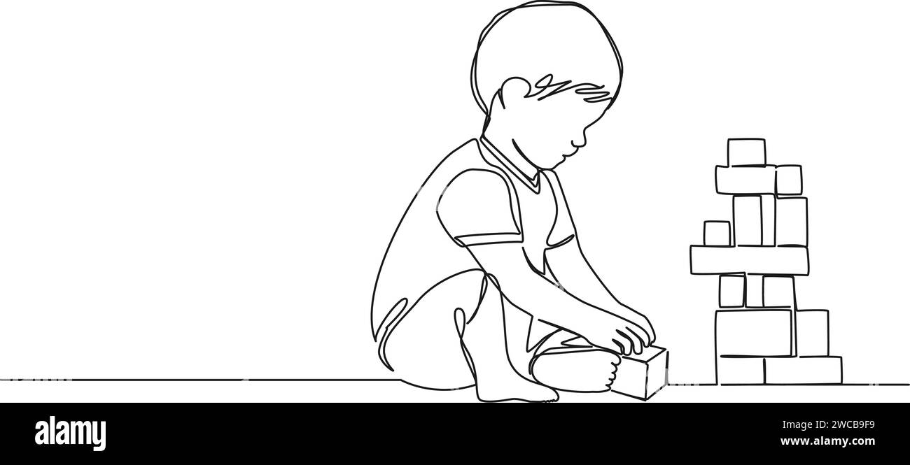 continuous single line drawing of toddler playing with toy blocks, line ...