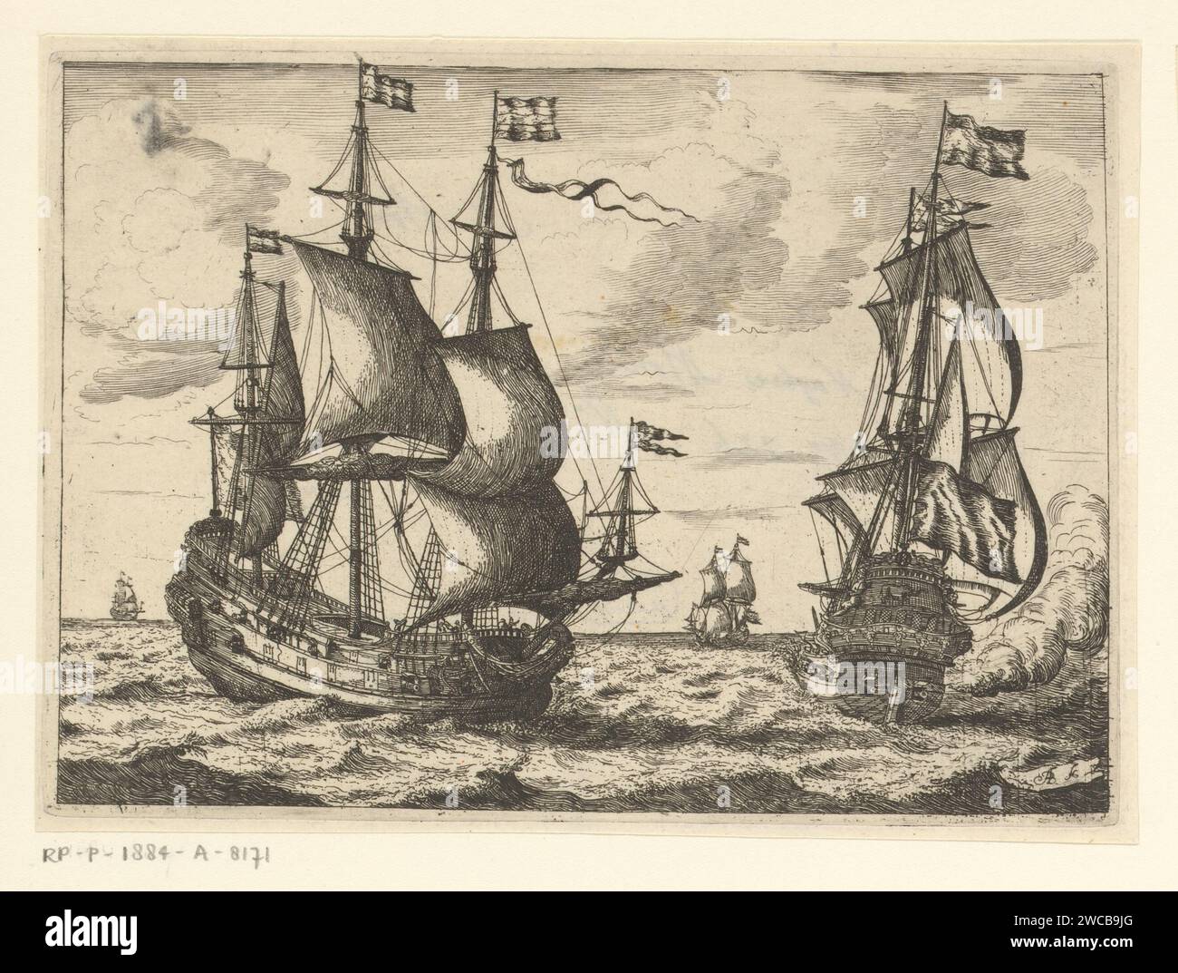 Four warships at sea, monogrammist Abk, c. 1640 - c. 1660 print Four ...