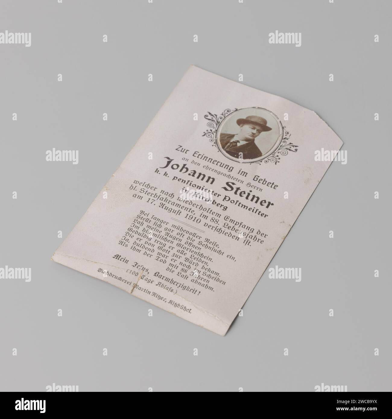 Prayer card with portrait of Johann Steiner, Anonymous, 1910 photograph ...