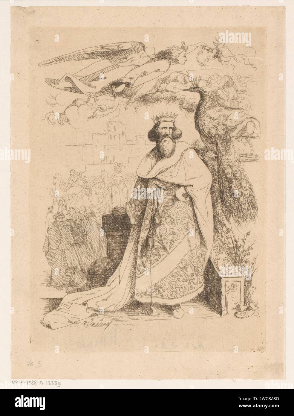 King with a peacock, Heinrich Vianden, 1844 print Belgium paper etching ...