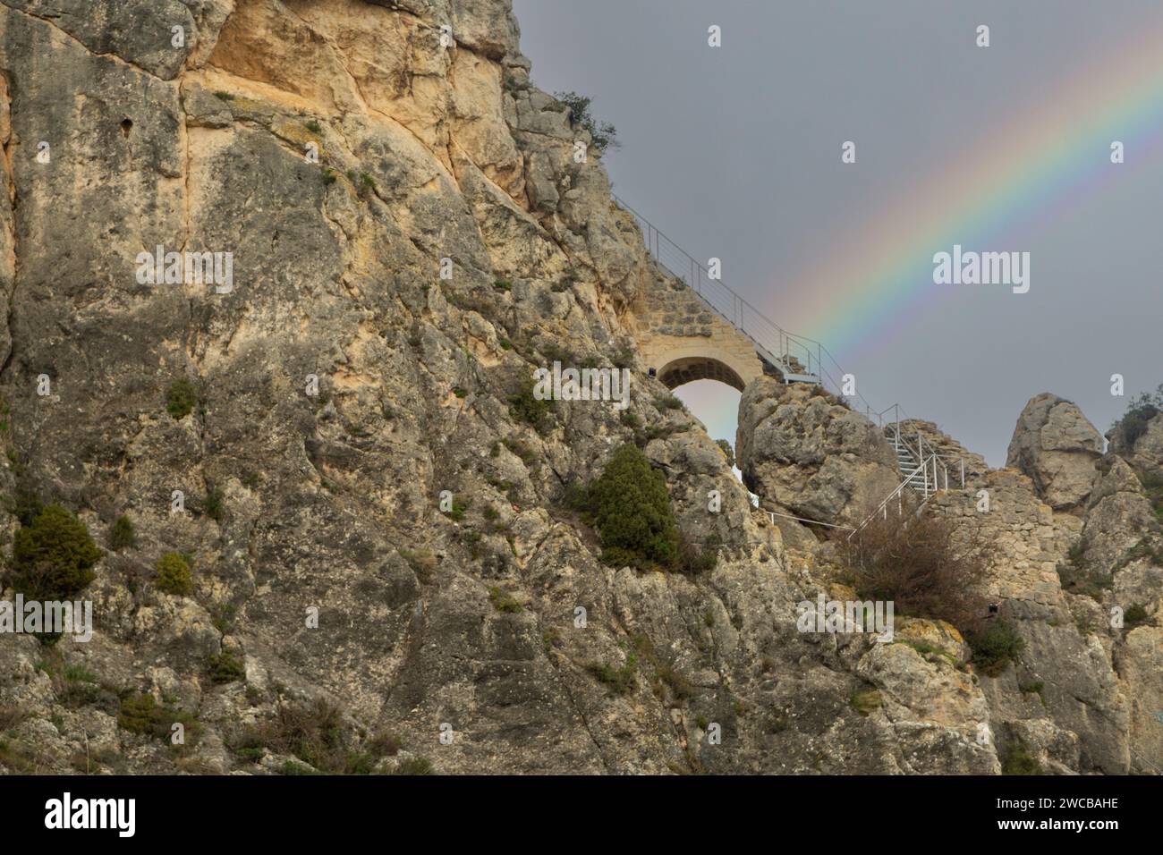 Ancient stone arch built on the rock at Pancorbo castle, mountain pass ...