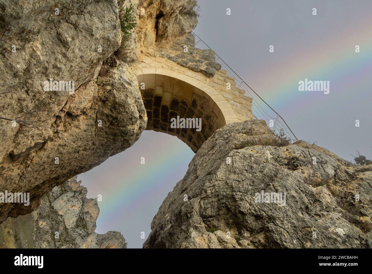 Ancient stone arch built on the rock at Pancorbo castle, mountain pass ...