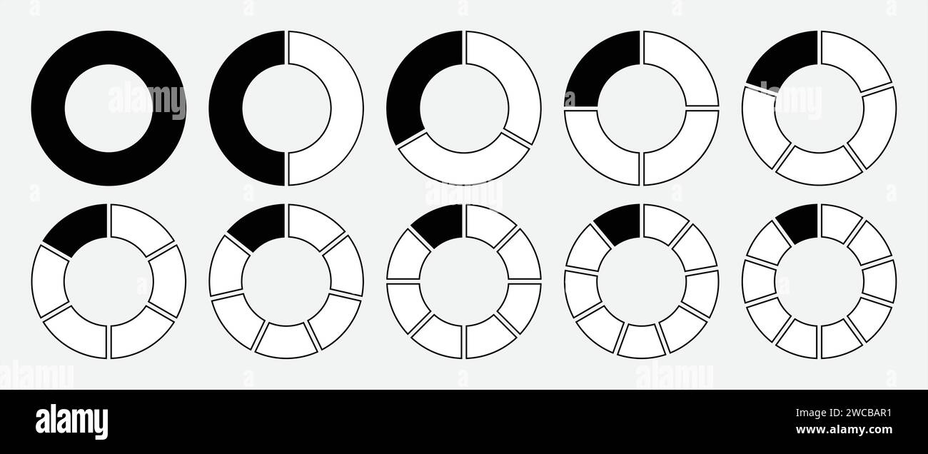 Hollow circle divided into 1-10 parts icon set in black and white color with outline. Hollow ...