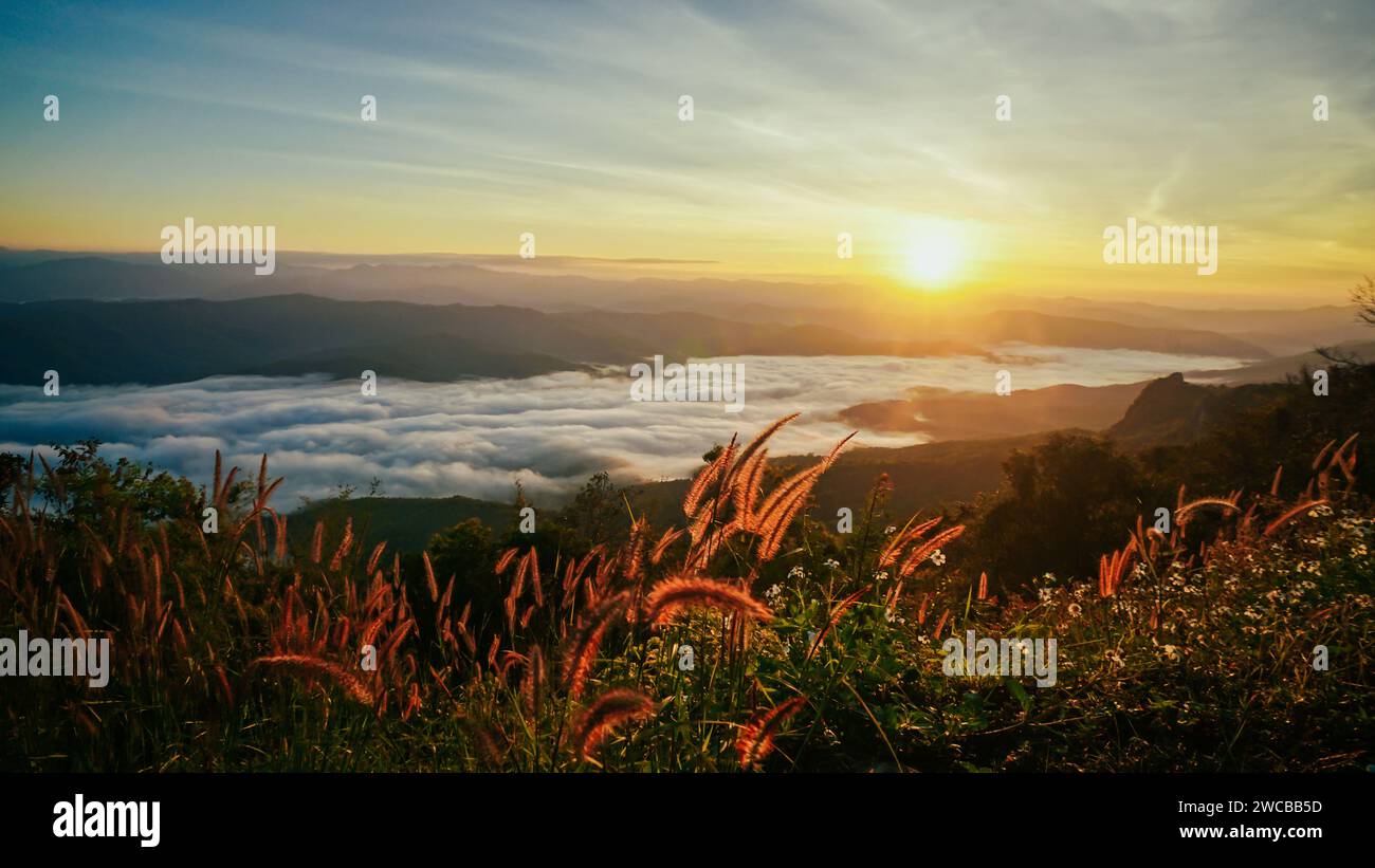 Layer of mountains in the mist at Doi Samer Dao. View Sunrise light ...