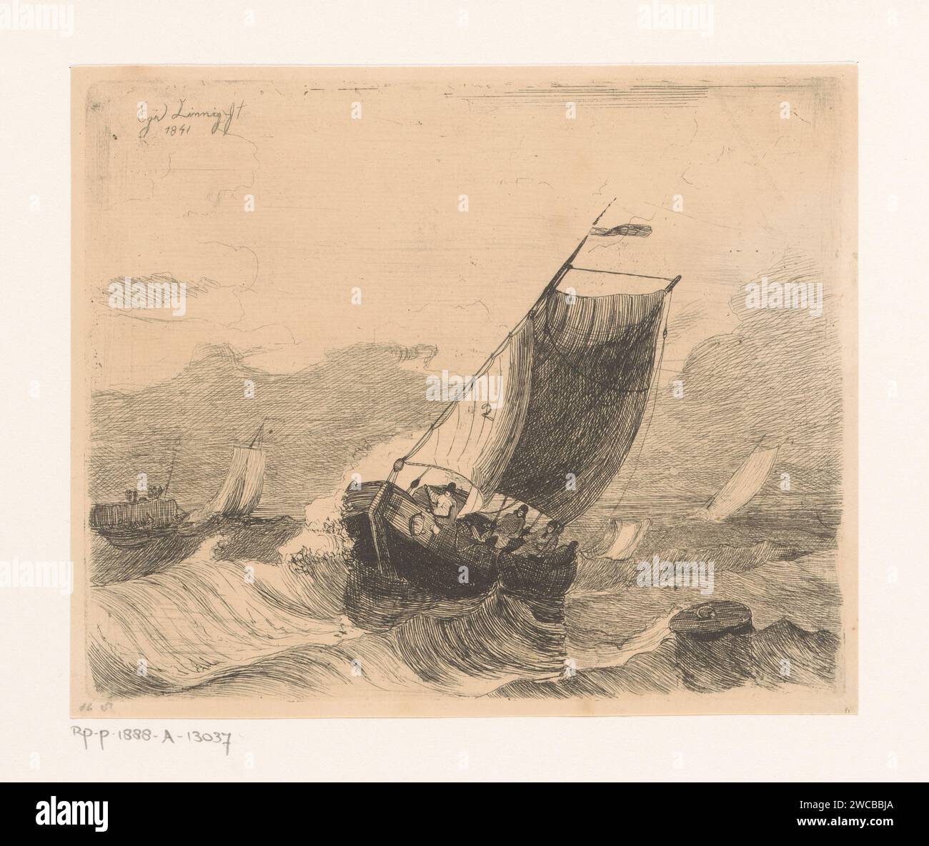 Fishing boat on restless sea, Egidius Linnig, 1841 print paper etching ...