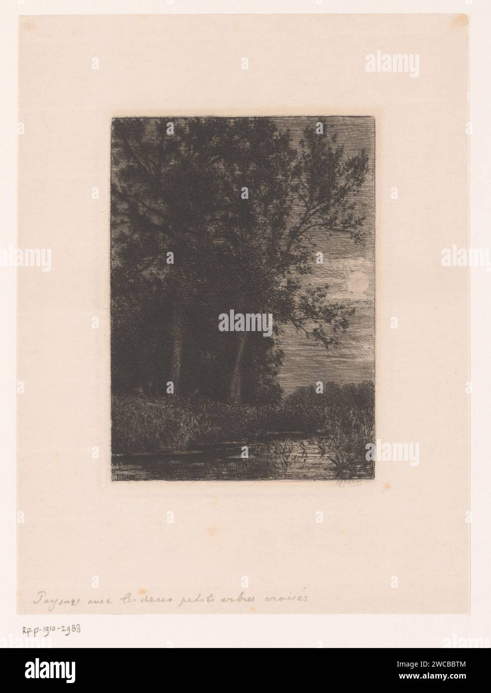 Landscape with trees on the water in Moonlight, Alfred Elsen, 1860 ...