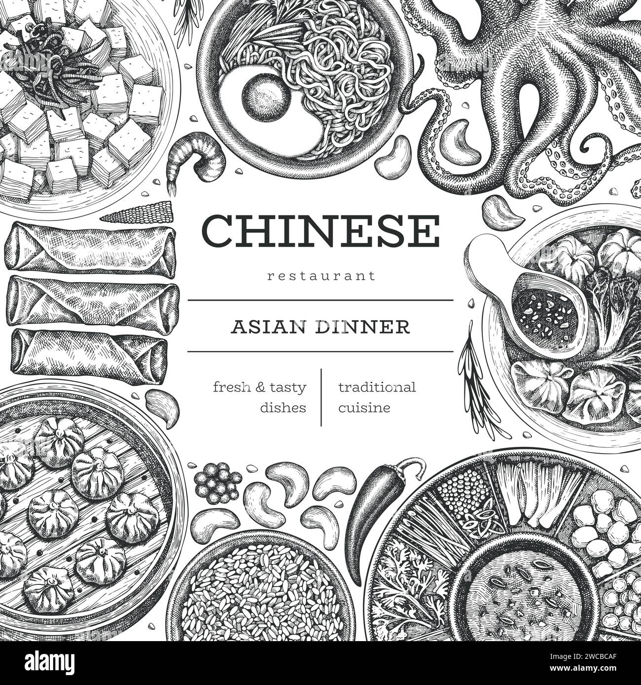 Chinese Cuisine Design Template. Vector Hand Drawn Asian Food Banner ...