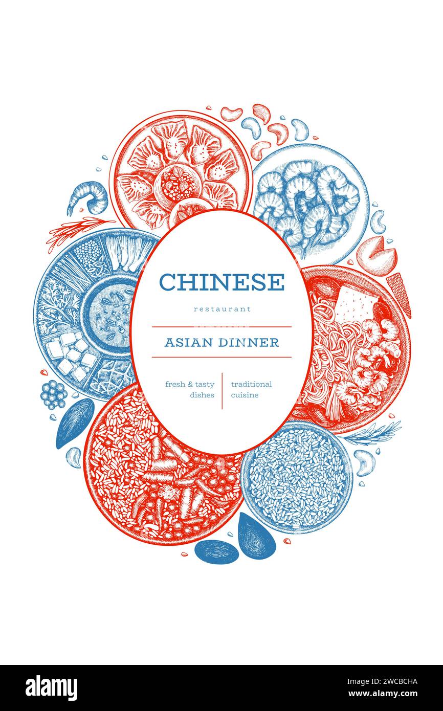 Chinese Cuisine Design Template. Vector Hand Drawn Asian Food Banner ...