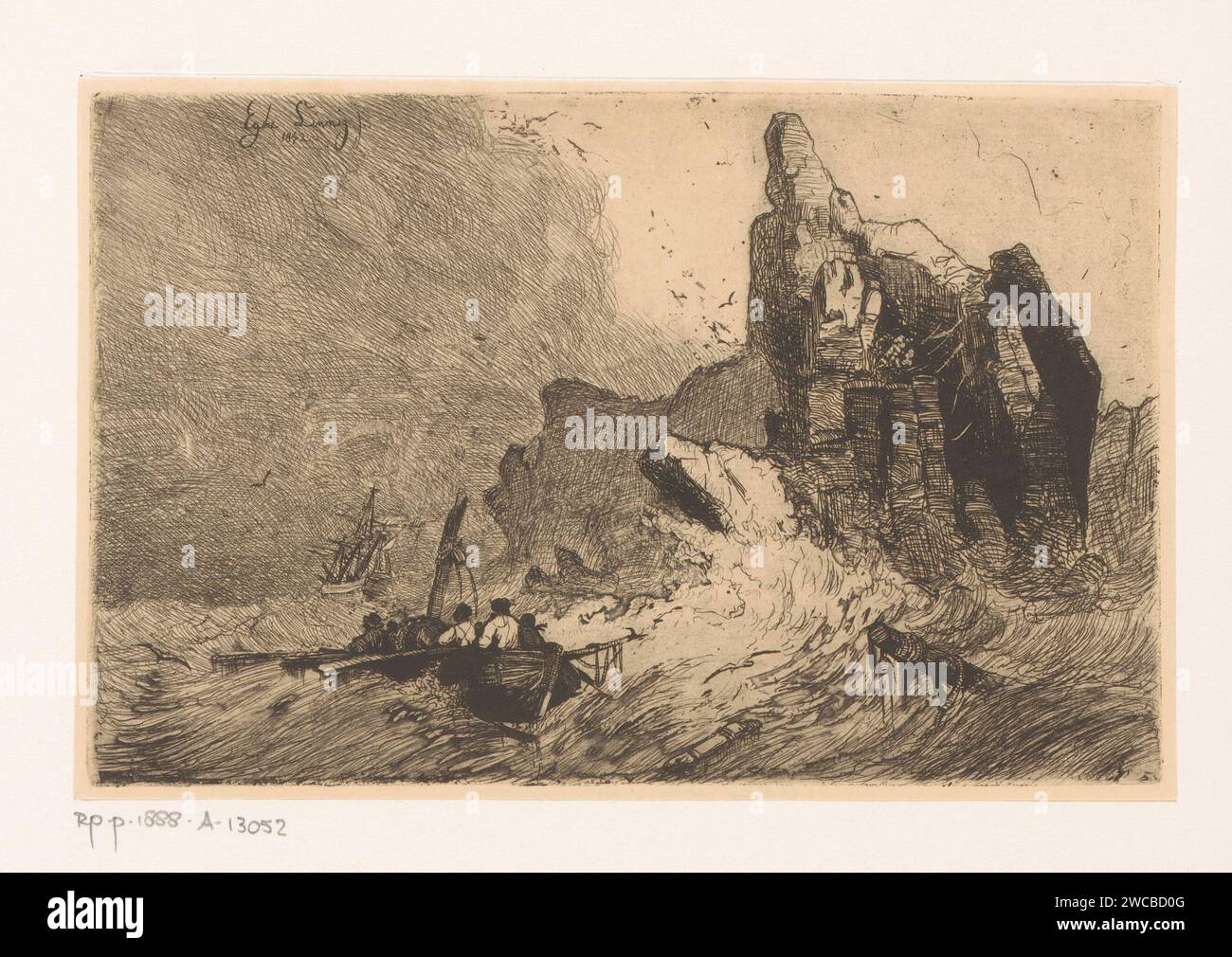 Sailing sloop with broken mast off the coast of Norway, Egidius Linnig ...